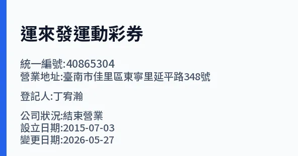 運來發運動彩券的照片-統編 40865304(臺南市) 公司登記資料與營業項目詳細圖表
