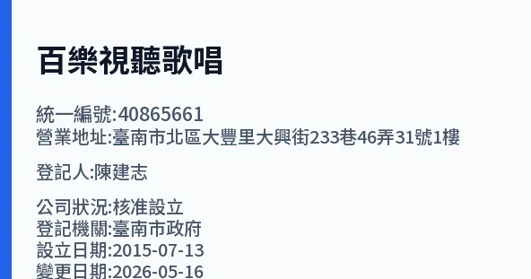 百樂視聽歌唱的照片-統編 40865661(臺南市) 公司登記資料與營業項目詳細圖表