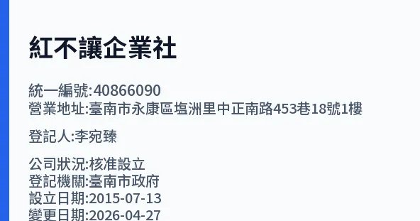 紅不讓企業社的照片-統編 40866090(臺南市) 公司登記資料與營業項目詳細圖表