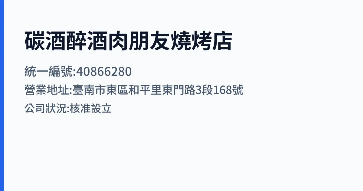 碳酒醉酒肉朋友燒烤店 - 統編 40866280(臺南市) 公司登記資料與營業項目詳細圖表