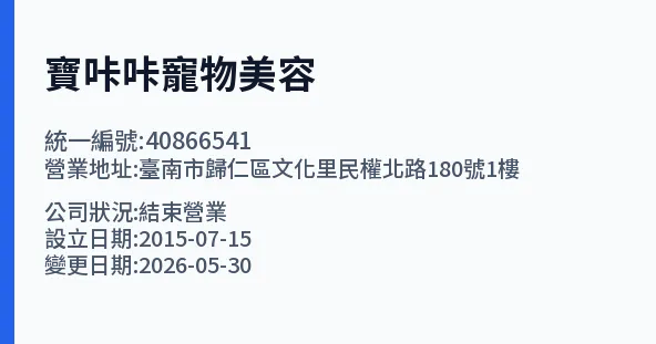 寶咔咔寵物美容的照片-統編 40866541(臺南市) 公司登記資料與營業項目詳細圖表