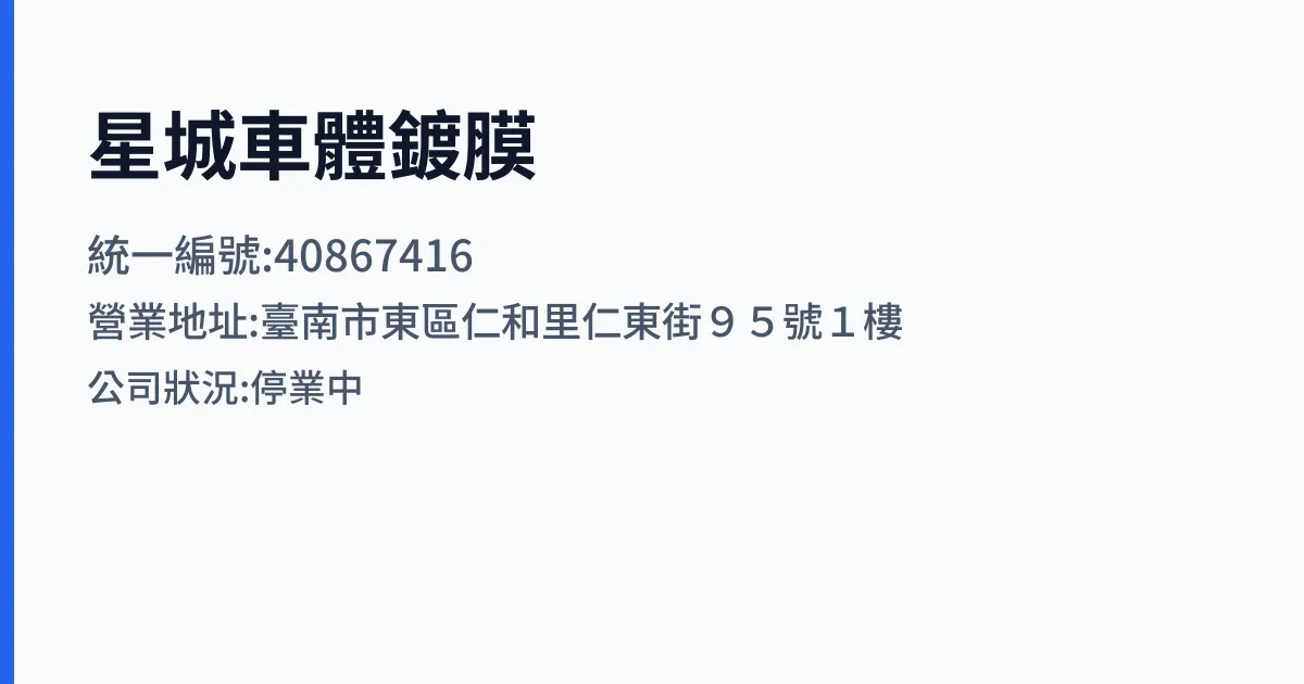 星城車體鍍膜 - 統編 40867416(臺南市) 公司登記資料與營業項目詳細圖表