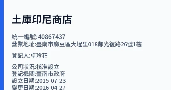 土庫印尼商店的照片-統編 40867437(臺南市) 公司登記資料與營業項目詳細圖表