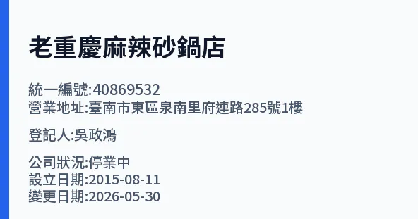 老重慶麻辣砂鍋店的照片-統編 40869532(臺南市) 公司登記資料與營業項目詳細圖表