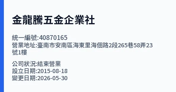 金龍騰五金企業社的照片-統編 40870165(臺南市) 公司登記資料與營業項目詳細圖表