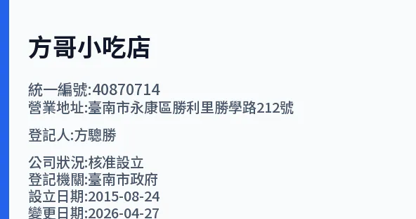 方哥小吃店的照片-統編 40870714(臺南市) 公司登記資料與營業項目詳細圖表