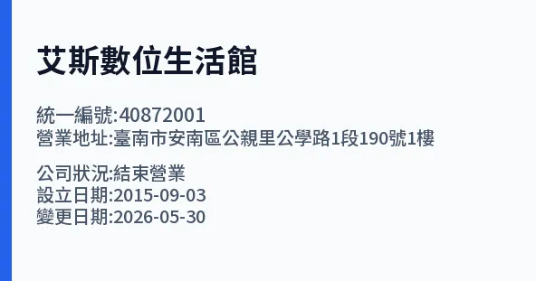 艾斯數位生活館的照片-統編 40872001(臺南市) 公司登記資料與營業項目詳細圖表