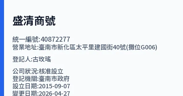 盛清商號的照片-統編 40872277(臺南市) 公司登記資料與營業項目詳細圖表