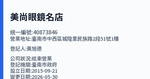 美尚眼鏡名店的照片-統編 40873846(臺南市) 公司登記資料與營業項目詳細圖表