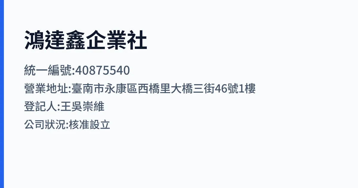 鴻達鑫企業社 - 統編 40875540(臺南市) 公司登記資料與營業項目詳細圖表