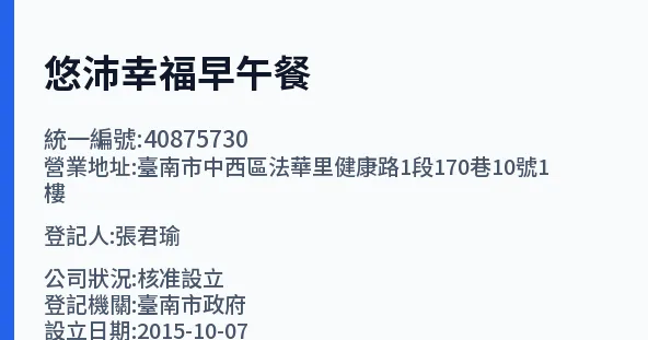 悠沛幸福早午餐的照片-統編 40875730(臺南市) 公司登記資料與營業項目詳細圖表