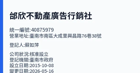 邰欣不動產廣告行銷社的照片-統編 40875979(臺南市) 公司登記資料與營業項目詳細圖表
