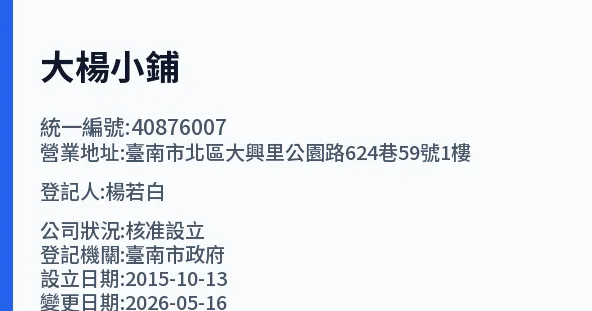 大楊小鋪的照片-統編 40876007(臺南市) 公司登記資料與營業項目詳細圖表