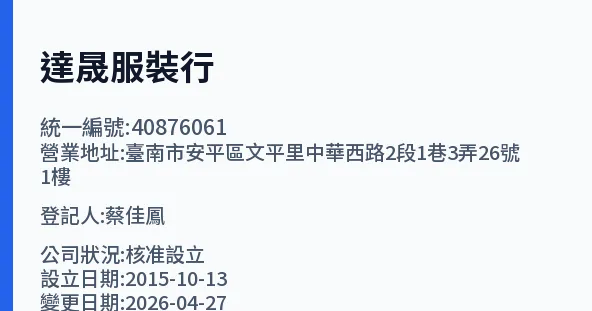 達晟服裝行的照片-統編 40876061(臺南市) 公司登記資料與營業項目詳細圖表