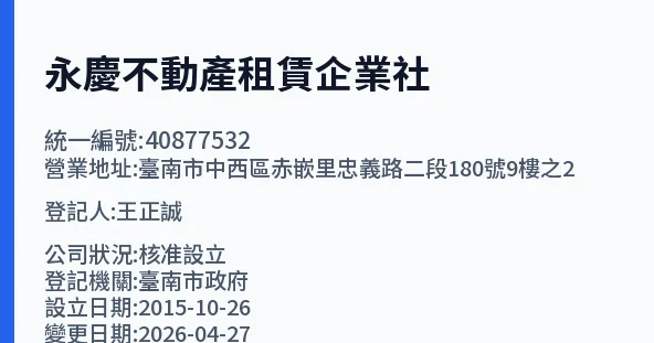 永慶不動產租賃企業社的照片-統編 40877532(臺南市) 公司登記資料與營業項目詳細圖表