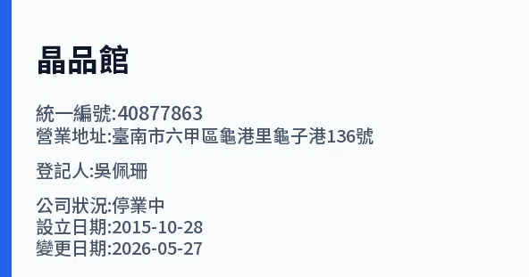 晶品館的照片-統編 40877863(臺南市) 公司登記資料與營業項目詳細圖表