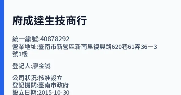 府成達生技商行的照片-統編 40878292(臺南市) 公司登記資料與營業項目詳細圖表