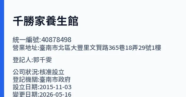 千勝家養生館的照片-統編 40878498(臺南市) 公司登記資料與營業項目詳細圖表