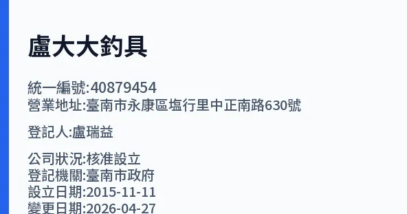 盧大大釣具的照片-統編 40879454(臺南市) 公司登記資料與營業項目詳細圖表