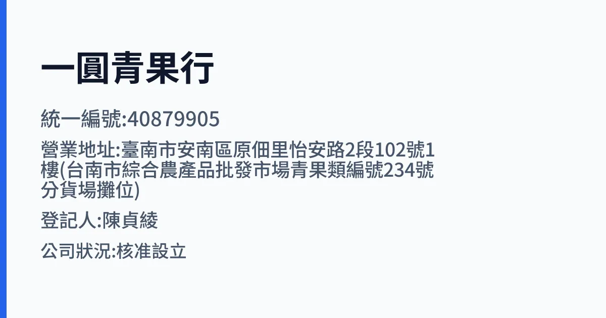一圓青果行 - 統編 40879905(臺南市) 公司登記資料與營業項目詳細圖表