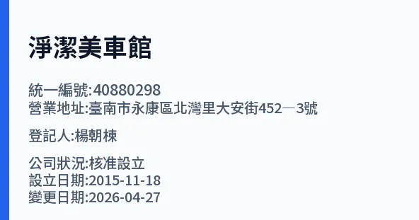 淨潔美車館的照片-統編 40880298(臺南市) 公司登記資料與營業項目詳細圖表
