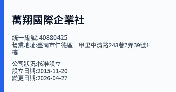 萬翔國際企業社的照片-統編 40880425(臺南市) 公司登記資料與營業項目詳細圖表