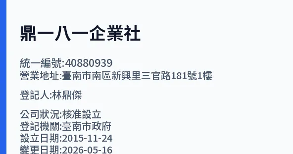 鼎一八一企業社的照片-統編 40880939(臺南市) 公司登記資料與營業項目詳細圖表