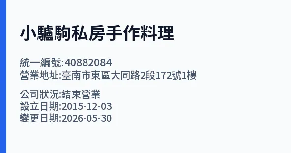 小驢駒私房手作料理的照片-統編 40882084(臺南市) 公司登記資料與營業項目詳細圖表