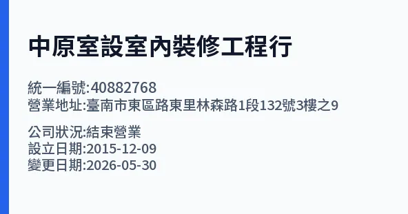 中原室設室內裝修工程行的照片-統編 40882768(臺南市) 公司登記資料與營業項目詳細圖表