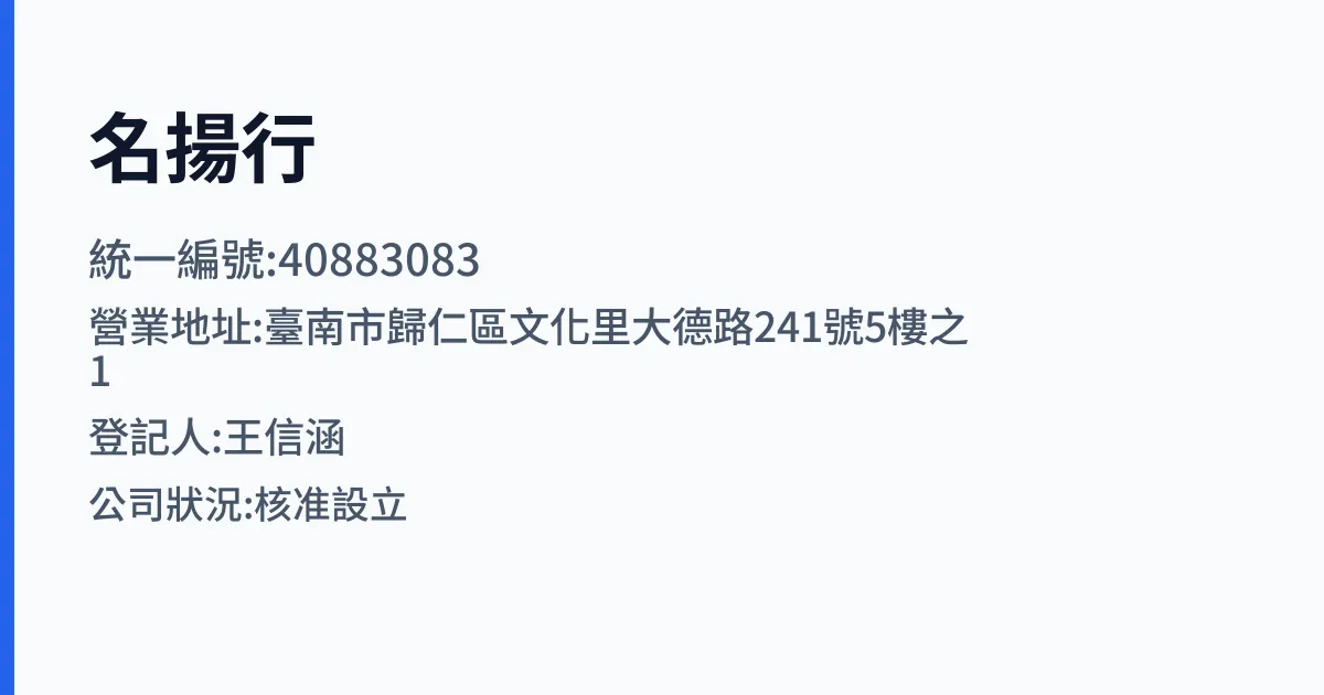 名揚行 - 統編 40883083(臺南市) 公司登記資料與營業項目詳細圖表