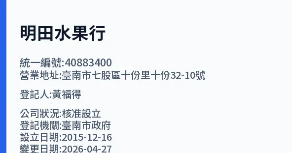 明田水果行的照片-統編 40883400(臺南市) 公司登記資料與營業項目詳細圖表