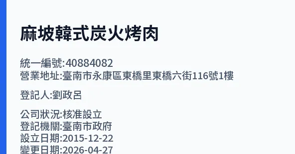 麻坡韓式炭火烤肉的照片-統編 40884082(臺南市) 公司登記資料與營業項目詳細圖表