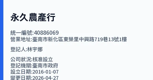 永久農產行的照片-統編 40886069(臺南市) 公司登記資料與營業項目詳細圖表