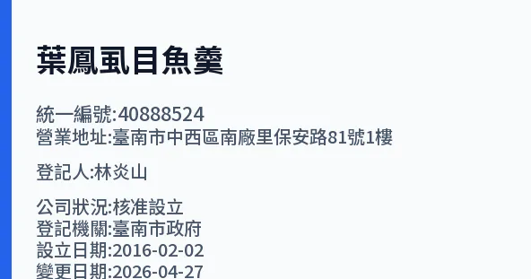 葉鳳虱目魚羹的照片-統編 40888524(臺南市) 公司登記資料與營業項目詳細圖表
