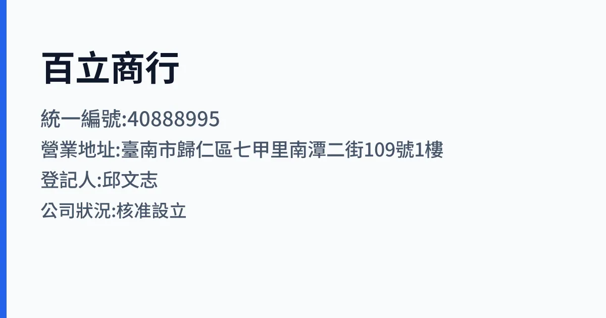 百立商行 - 統編 40888995(臺南市) 公司登記資料與營業項目詳細圖表