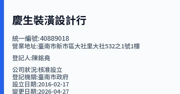 慶生裝潢設計行的照片-統編 40889018(臺南市) 公司登記資料與營業項目詳細圖表