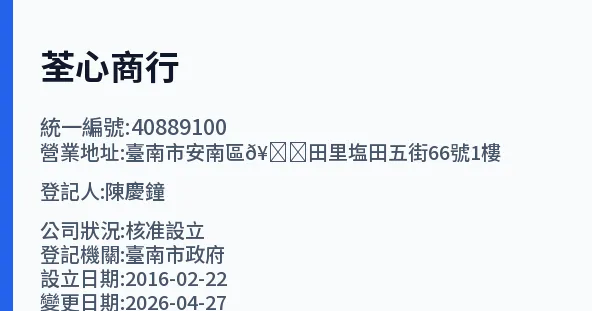 荃心商行的照片-統編 40889100(臺南市) 公司登記資料與營業項目詳細圖表