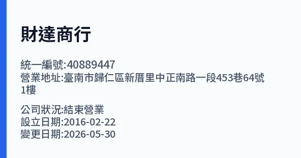 財達商行的照片-統編 40889447(臺南市) 公司登記資料與營業項目詳細圖表