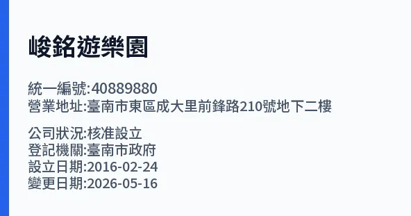 峻銘遊樂園的照片-統編 40889880(臺南市) 公司登記資料與營業項目詳細圖表