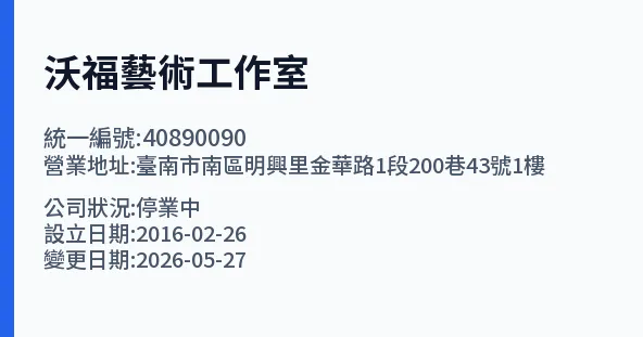 沃福藝術工作室的照片-統編 40890090(臺南市) 公司登記資料與營業項目詳細圖表