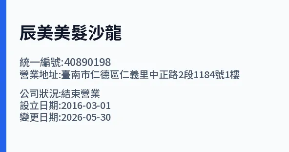 辰美美髮沙龍的照片-統編 40890198(臺南市) 公司登記資料與營業項目詳細圖表