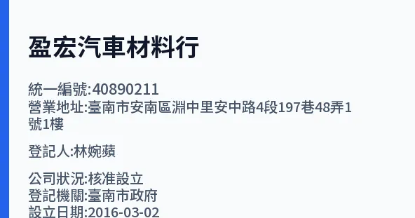 盈宏汽車材料行的照片-統編 40890211(臺南市) 公司登記資料與營業項目詳細圖表