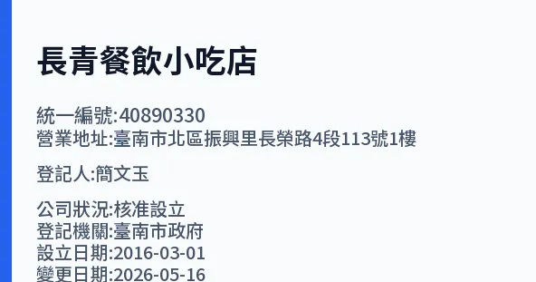 長青餐飲小吃店的照片-統編 40890330(臺南市) 公司登記資料與營業項目詳細圖表