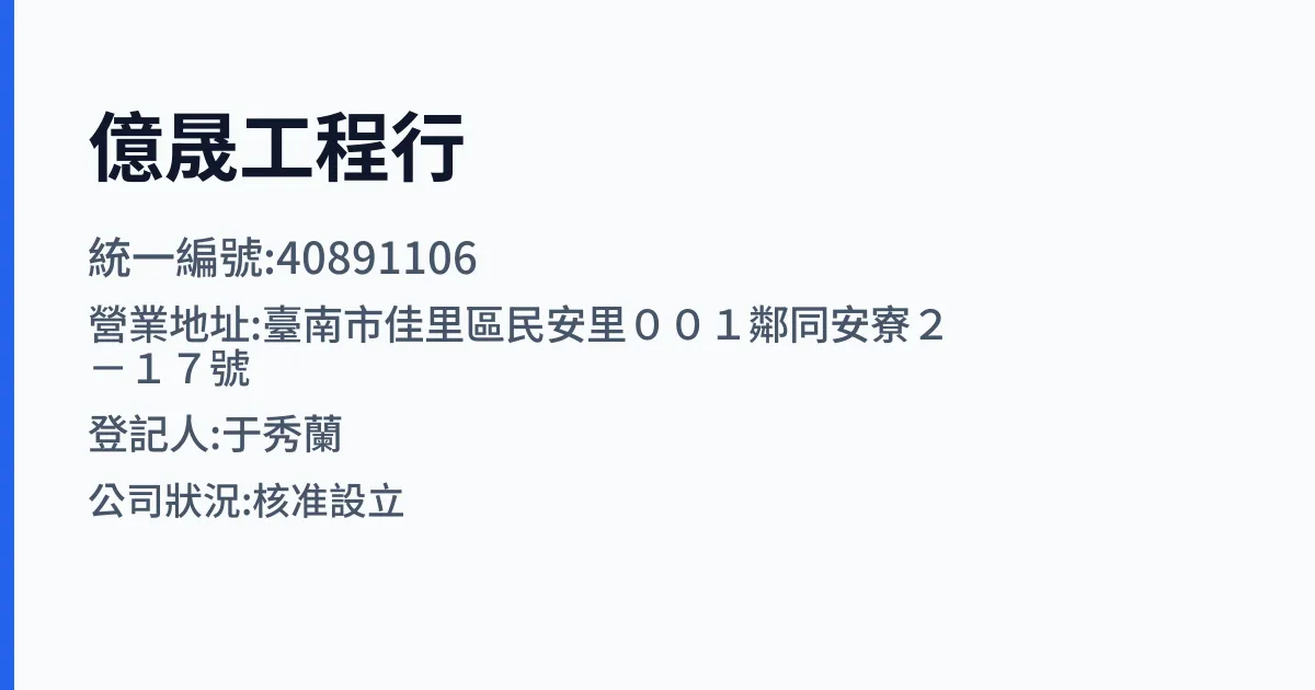 億晟工程行 - 統編 40891106(臺南市) 公司登記資料與營業項目詳細圖表