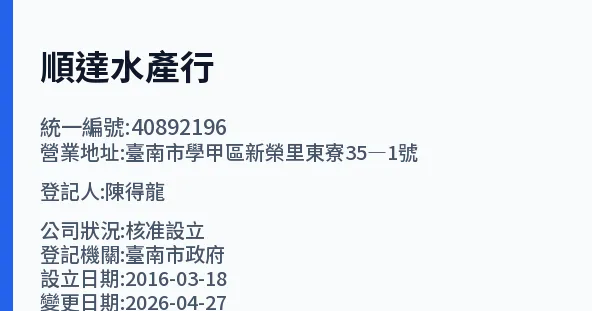 順達水產行的照片-統編 40892196(臺南市) 公司登記資料與營業項目詳細圖表