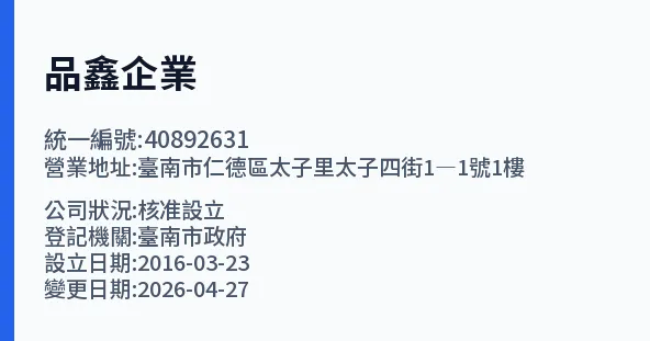品鑫企業的照片-統編 40892631(臺南市) 公司登記資料與營業項目詳細圖表