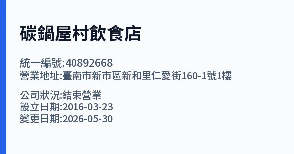 碳鍋屋村飲食店的照片-統編 40892668(臺南市) 公司登記資料與營業項目詳細圖表