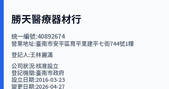 勝天醫療器材行的照片-統編 40892674(臺南市) 公司登記資料與營業項目詳細圖表