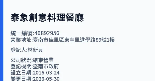 泰象創意料理餐廳的照片-統編 40892956(臺南市) 公司登記資料與營業項目詳細圖表