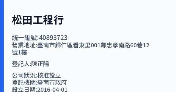 松田工程行的照片-統編 40893723(臺南市) 公司登記資料與營業項目詳細圖表